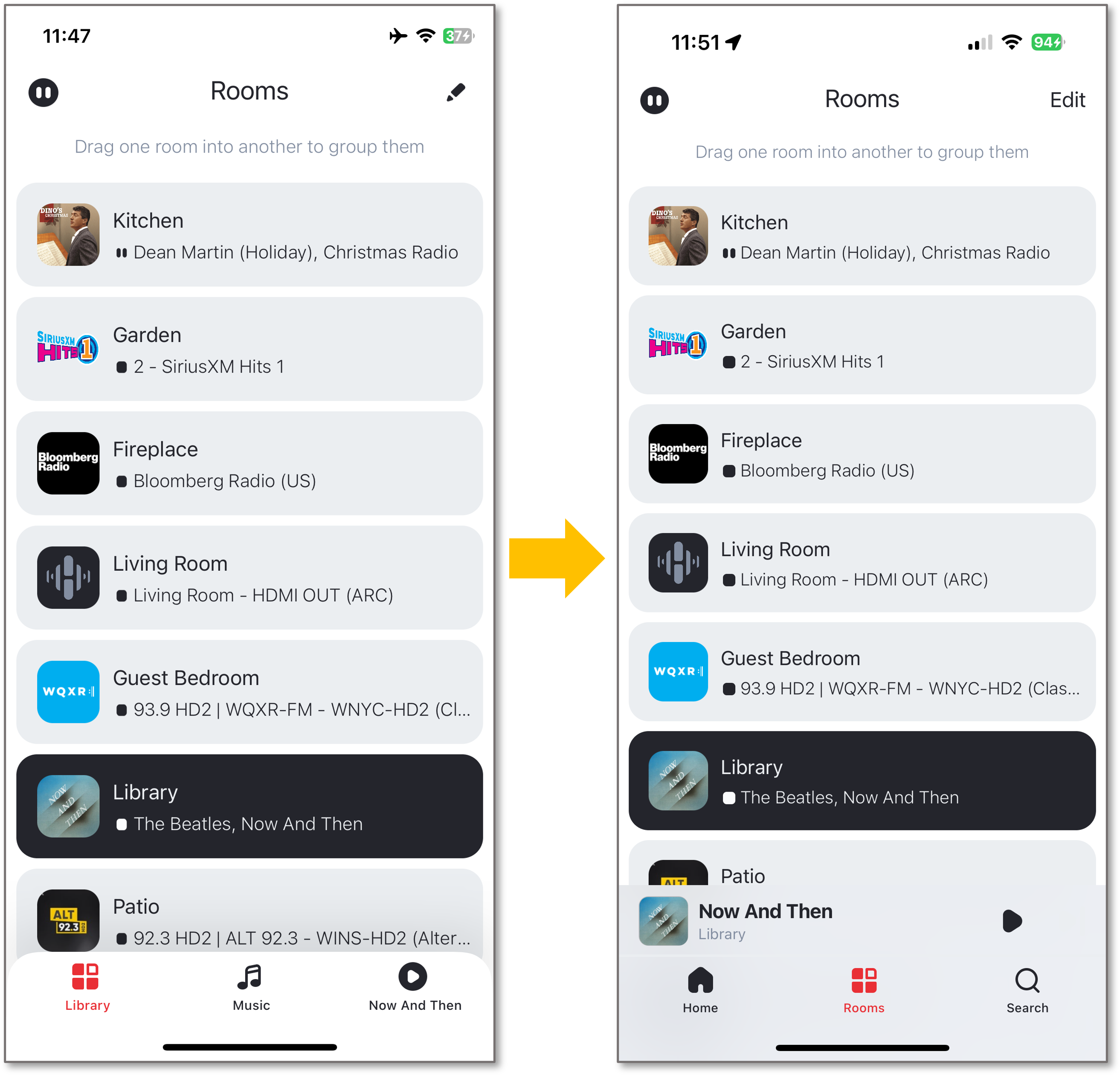 HEOS App Update - Before and After Comparison