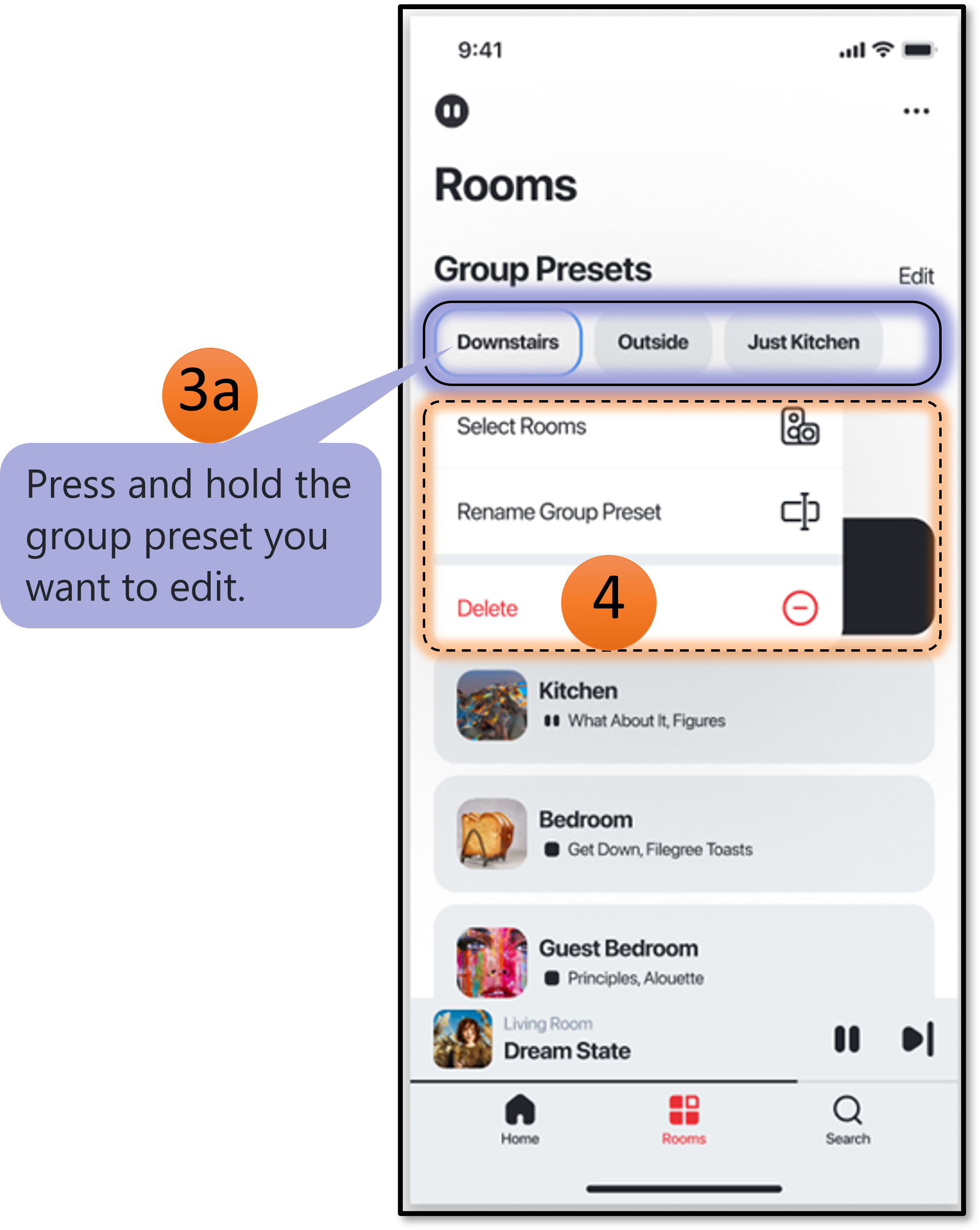 How to edit existing group presets in the Rooms page of the HEOS app