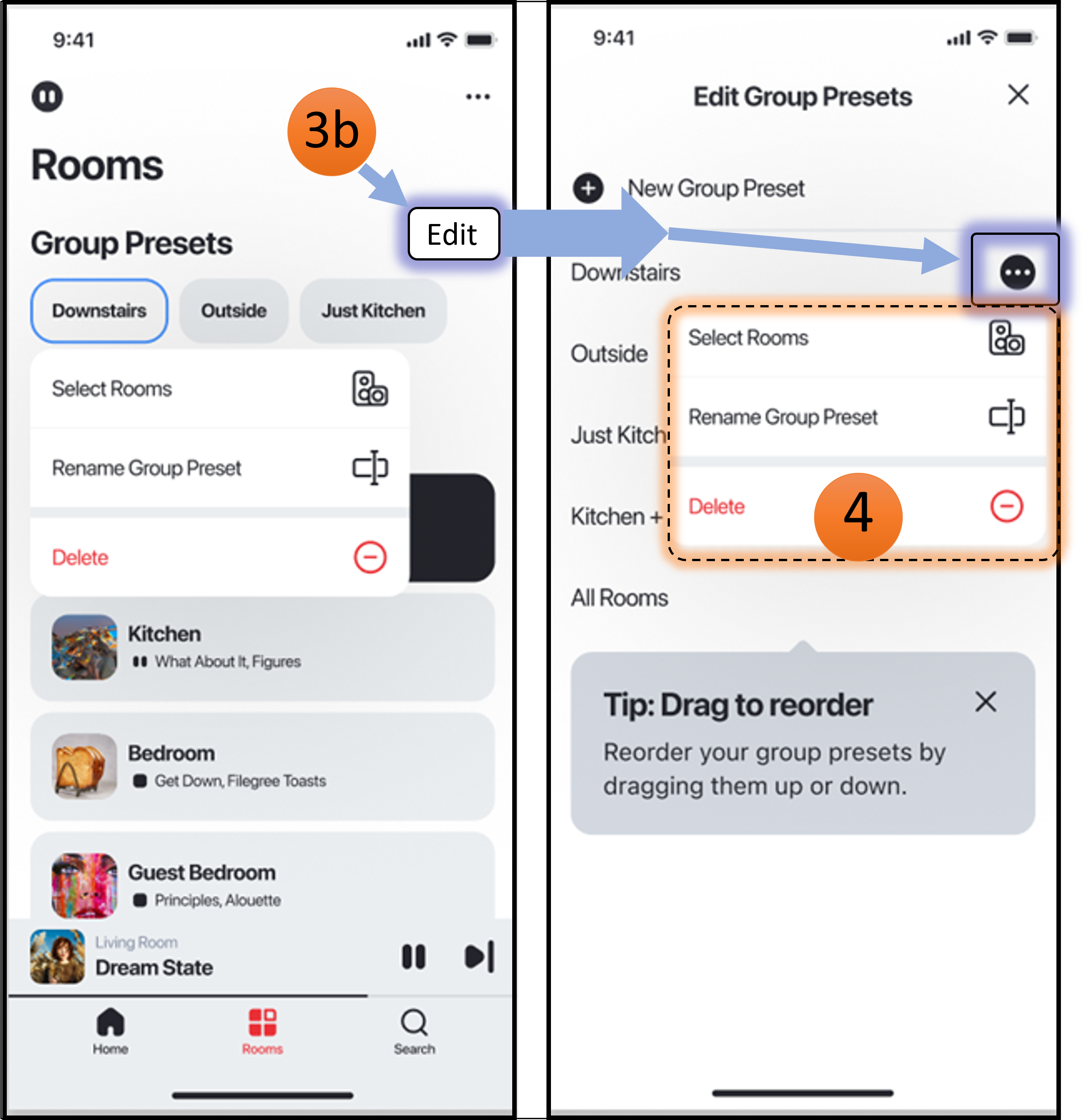 How to edit existing group presets in the Rooms page of the HEOS app